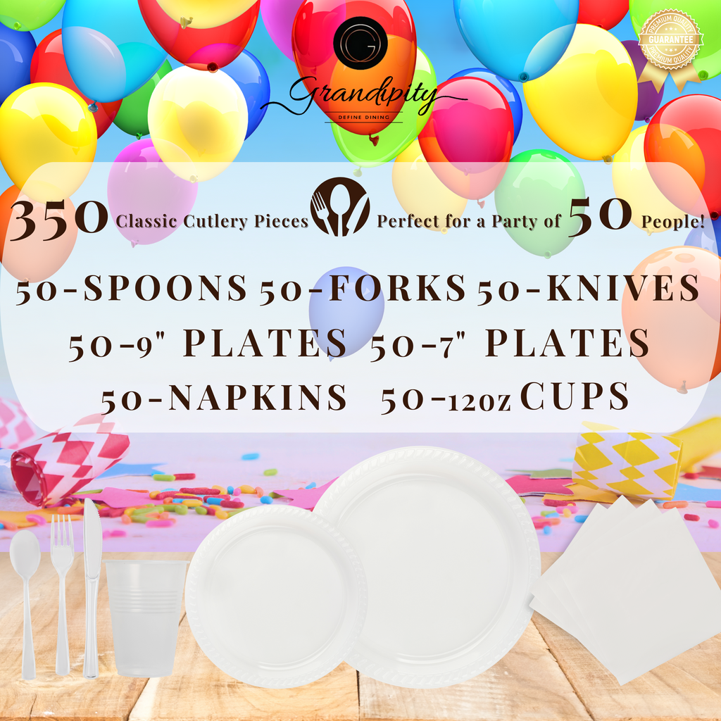 Grandipity Clear 350 Pcs Plastic Disposable Dinnerware Set Includes 50 ...