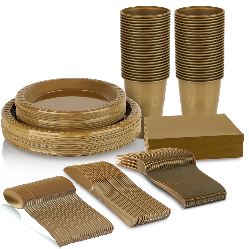Grandipity Gold 350 Pcs Plastic Disposable Dinnerware Set Includes 50 ...